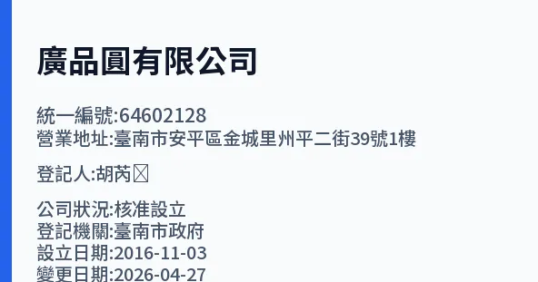 廣品圓有限公司的照片-統編 64602128(臺南市) 公司登記資料與營業項目詳細圖表