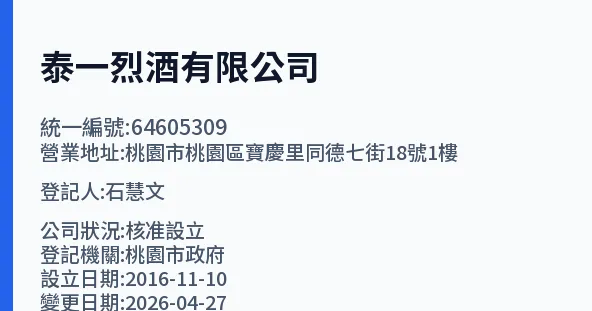 泰一烈酒有限公司的照片-統編 64605309(桃園市) 公司登記資料與營業項目詳細圖表