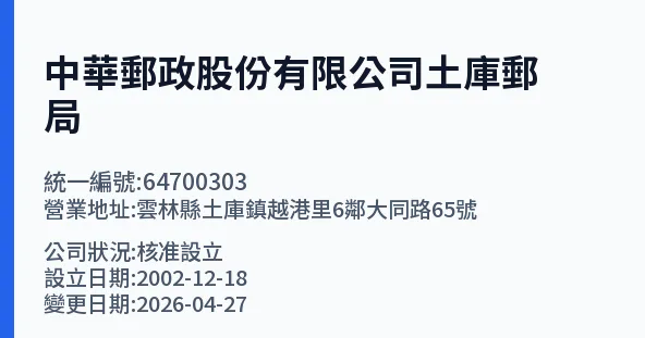 中華郵政股份有限公司土庫郵局的照片-統編 64700303(雲林縣) 公司登記資料與營業項目詳細圖表