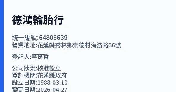 德鴻輪胎行的照片-統編 64803639(花蓮縣) 公司登記資料與營業項目詳細圖表