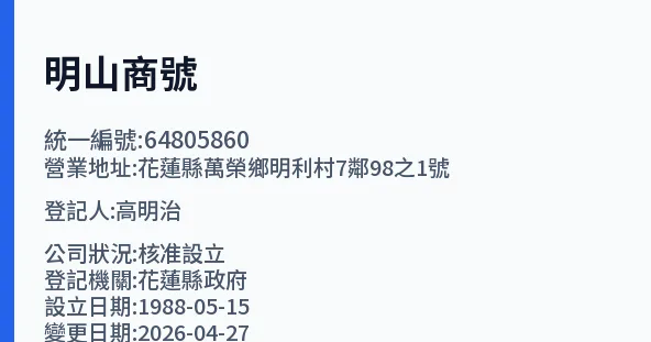 明山商號的照片-統編 64805860(花蓮縣) 公司登記資料與營業項目詳細圖表