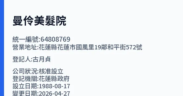 曼伶美髮院的照片-統編 64808769(花蓮縣) 公司登記資料與營業項目詳細圖表