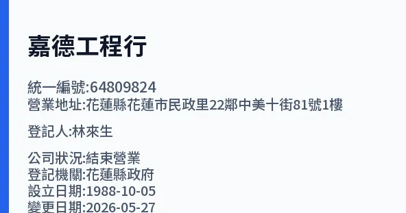 嘉德工程行的照片-統編 64809824(花蓮縣) 公司登記資料與營業項目詳細圖表