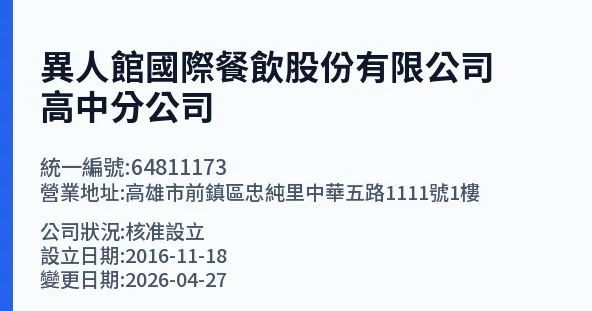 異人館國際餐飲股份有限公司高中分公司的照片-統編 64811173(高雄市) 公司登記資料與營業項目詳細圖表