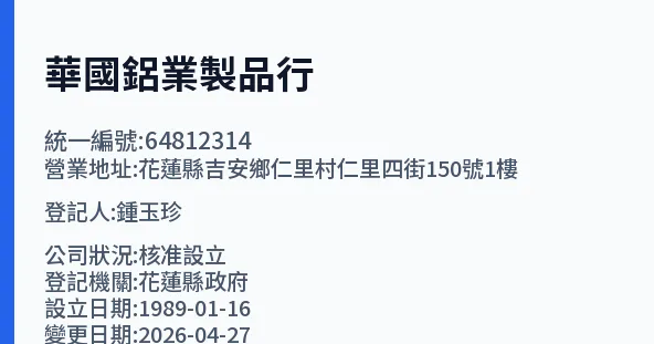 華國鋁業製品行的照片-統編 64812314(花蓮縣) 公司登記資料與營業項目詳細圖表