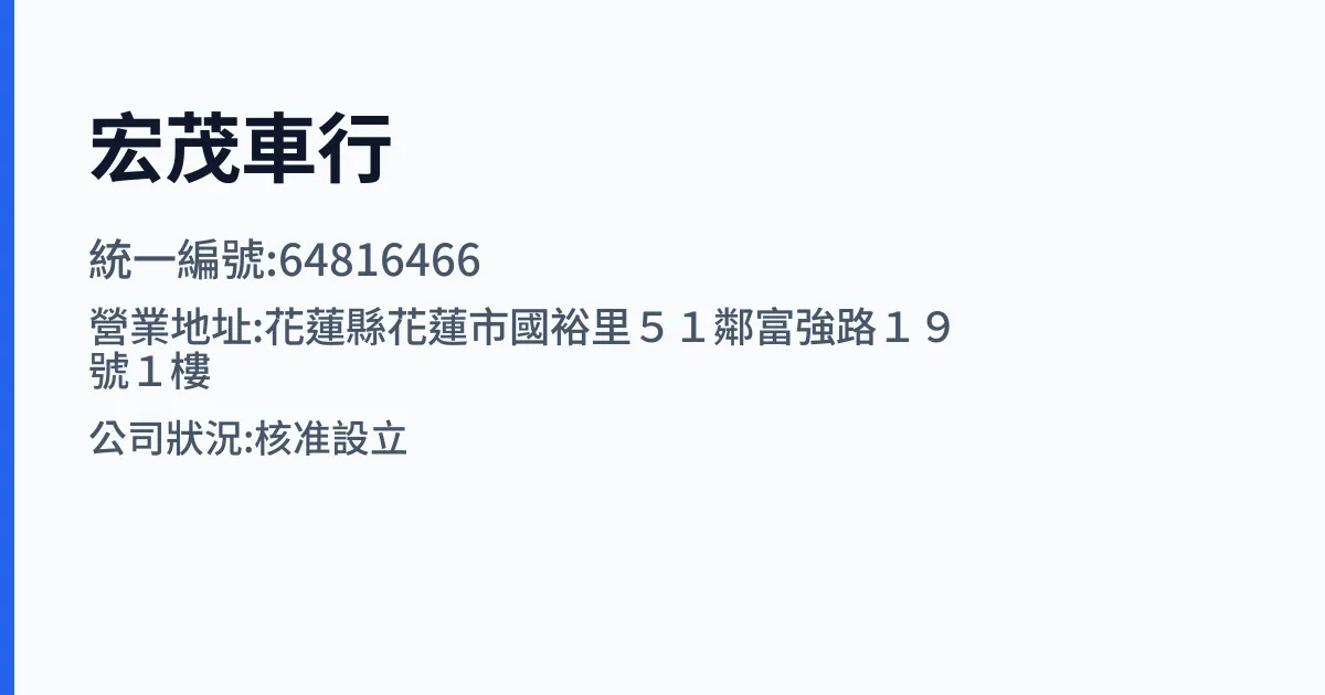 宏茂車行 - 統編 64816466(花蓮縣) 公司登記資料與營業項目詳細圖表
