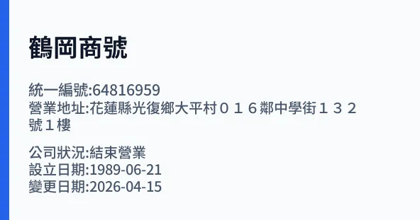鶴岡商號的照片-統編 64816959(花蓮縣) 公司登記資料與營業項目詳細圖表
