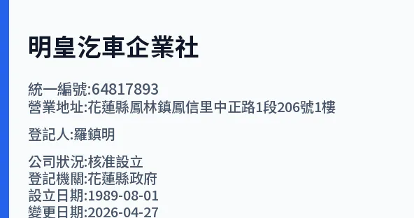 明皇汔車企業社的照片-統編 64817893(花蓮縣) 公司登記資料與營業項目詳細圖表