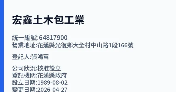 宏鑫土木包工業的照片-統編 64817900(花蓮縣) 公司登記資料與營業項目詳細圖表