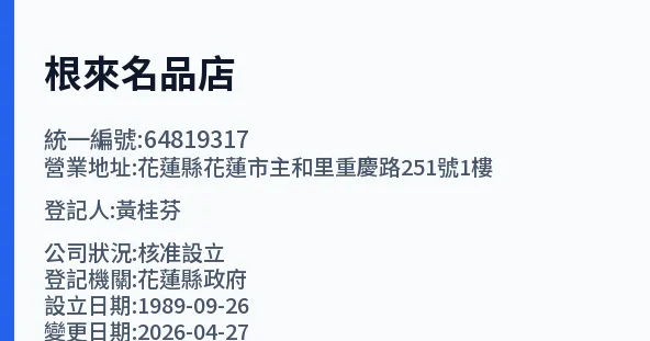 根來名品店的照片-統編 64819317(花蓮縣) 公司登記資料與營業項目詳細圖表