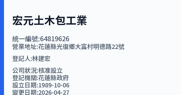 宏元土木包工業的照片-統編 64819626(花蓮縣) 公司登記資料與營業項目詳細圖表