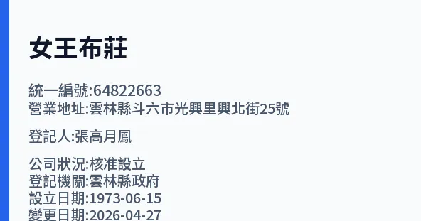 女王布莊的照片-統編 64822663(雲林縣) 公司登記資料與營業項目詳細圖表