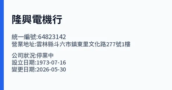 隆興電機行的照片-統編 64823142(雲林縣) 公司登記資料與營業項目詳細圖表