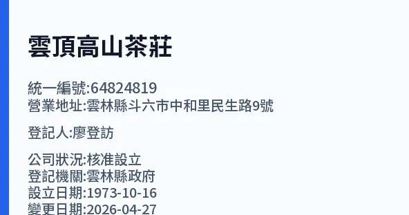 雲頂高山茶莊的照片-統編 64824819(雲林縣) 公司登記資料與營業項目詳細圖表