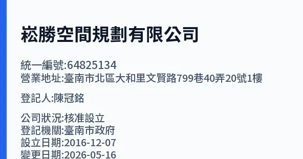 崧勝空間規劃有限公司的照片-統編 64825134(臺南市) 公司登記資料與營業項目詳細圖表
