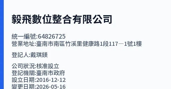 毅飛數位整合有限公司的照片-統編 64826725(臺南市) 公司登記資料與營業項目詳細圖表