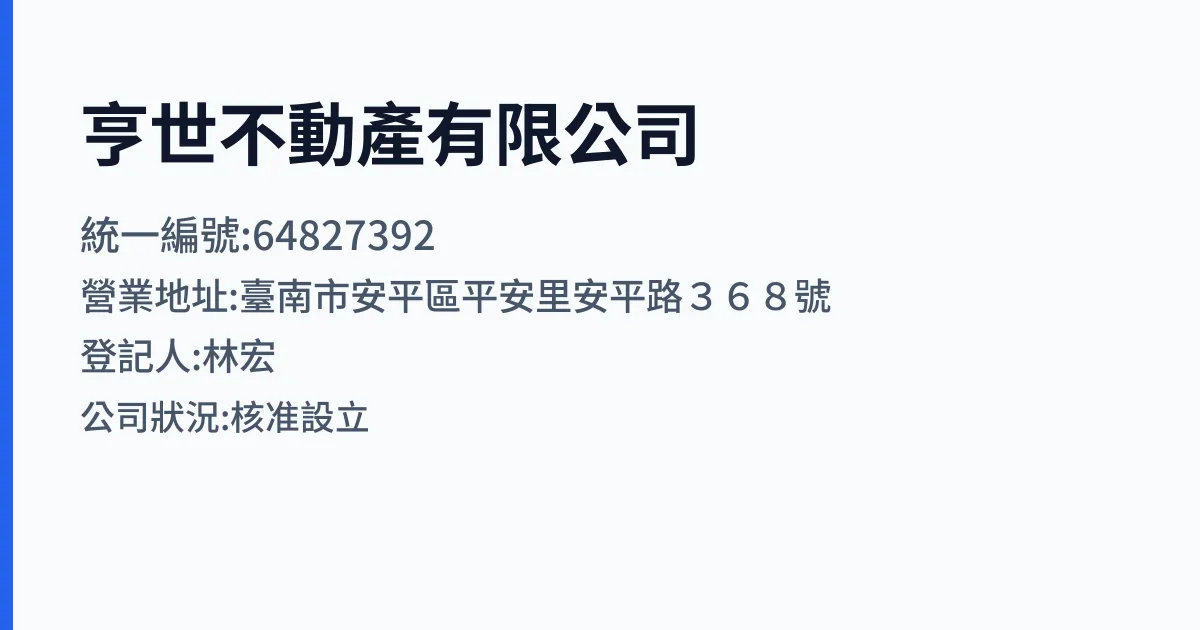 亨世不動產有限公司 - 統編 64827392(臺南市) 公司登記資料與營業項目詳細圖表
