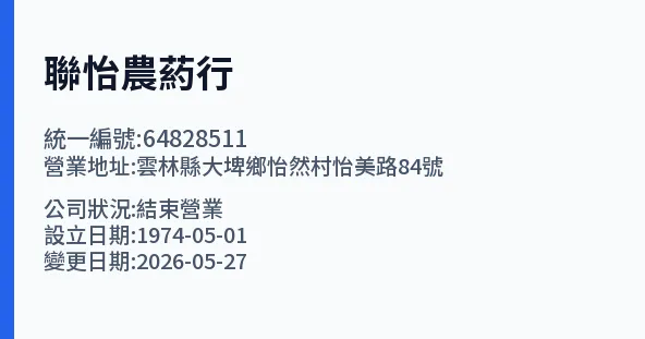 聯怡農葯行的照片-統編 64828511(雲林縣) 公司登記資料與營業項目詳細圖表