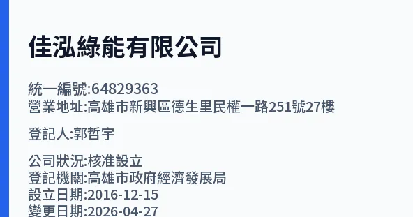 佳泓綠能有限公司的照片-統編 64829363(高雄市) 公司登記資料與營業項目詳細圖表