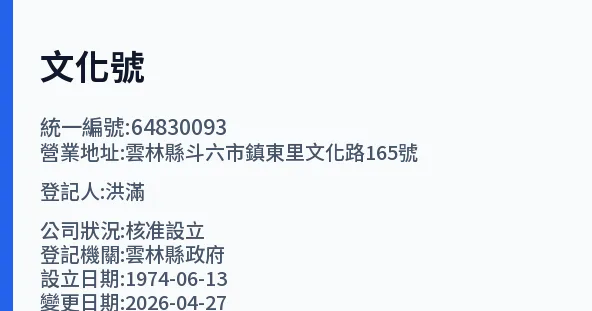 文化號的照片-統編 64830093(雲林縣) 公司登記資料與營業項目詳細圖表