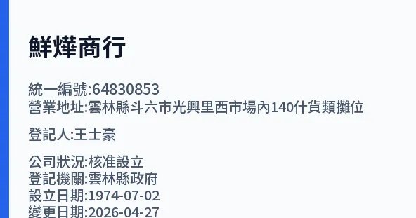鮮燁商行的照片-統編 64830853(雲林縣) 公司登記資料與營業項目詳細圖表
