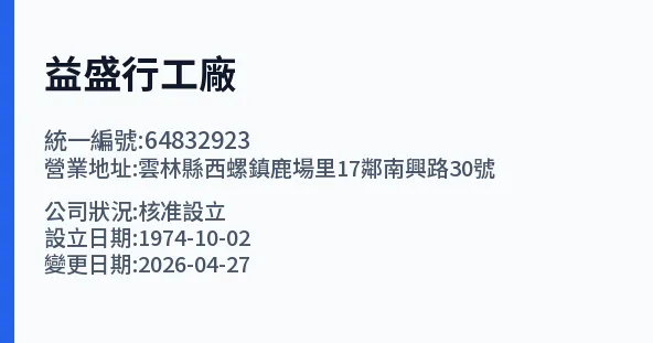 益盛行工廠的照片-統編 64832923(雲林縣) 公司登記資料與營業項目詳細圖表