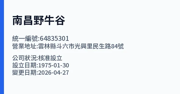 南昌野牛谷的照片-統編 64835301(雲林縣) 公司登記資料與營業項目詳細圖表