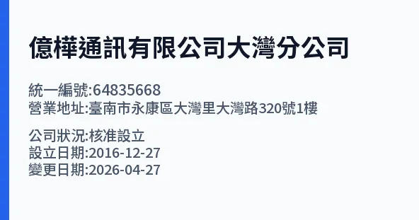 億樺通訊有限公司大灣分公司的照片-統編 64835668(臺南市) 公司登記資料與營業項目詳細圖表