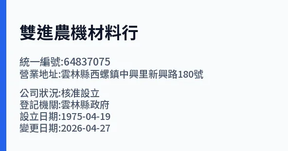 雙進農機材料行的照片-統編 64837075(雲林縣) 公司登記資料與營業項目詳細圖表