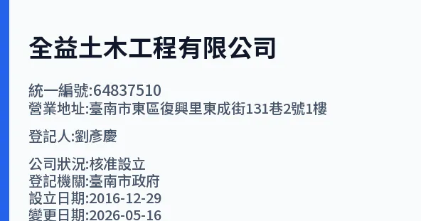 全益土木工程有限公司的照片-統編 64837510(臺南市) 公司登記資料與營業項目詳細圖表