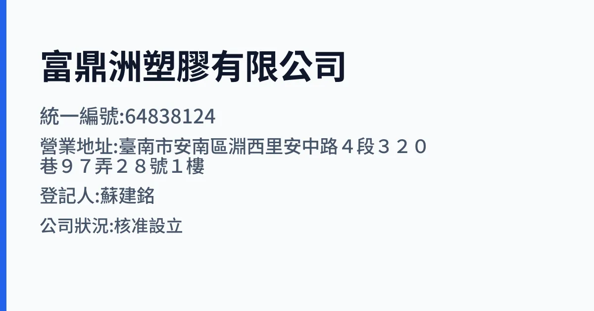 富鼎洲塑膠有限公司 - 統編 64838124(臺南市) 公司登記資料與營業項目詳細圖表