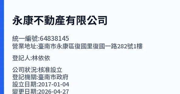 永康不動產有限公司的照片-統編 64838145(臺南市) 公司登記資料與營業項目詳細圖表
