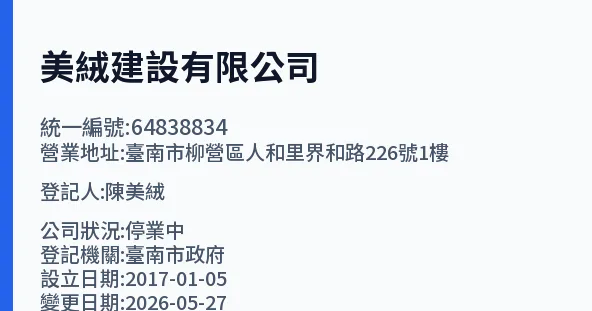美絨建設有限公司的照片-統編 64838834(臺南市) 公司登記資料與營業項目詳細圖表