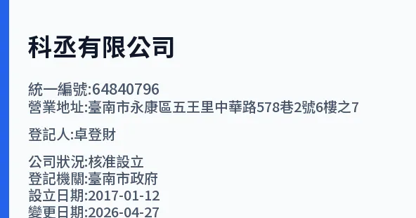 科丞有限公司的照片-統編 64840796(臺南市) 公司登記資料與營業項目詳細圖表