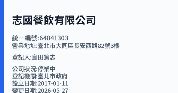 志國餐飲有限公司的照片-統編 64841303(臺北市) 公司登記資料與營業項目詳細圖表