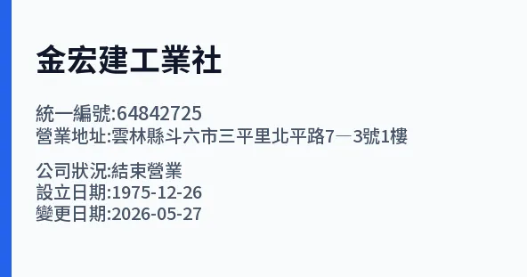 金宏建工業社的照片-統編 64842725(雲林縣) 公司登記資料與營業項目詳細圖表