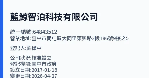 藍鯨智泊科技有限公司的照片-統編 64843512(臺中市) 公司登記資料與營業項目詳細圖表
