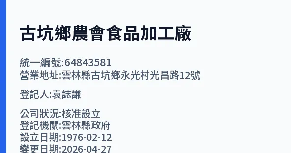 古坑鄉農會食品加工廠的照片-統編 64843581(雲林縣) 公司登記資料與營業項目詳細圖表