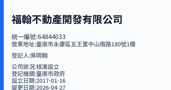 福翰不動產開發有限公司的照片-統編 64844033(臺南市) 公司登記資料與營業項目詳細圖表