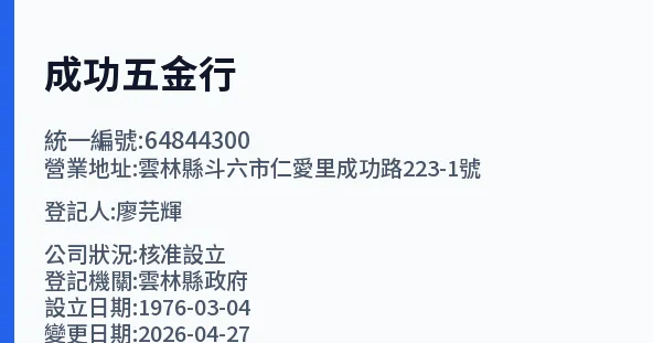 成功五金行的照片-統編 64844300(雲林縣) 公司登記資料與營業項目詳細圖表