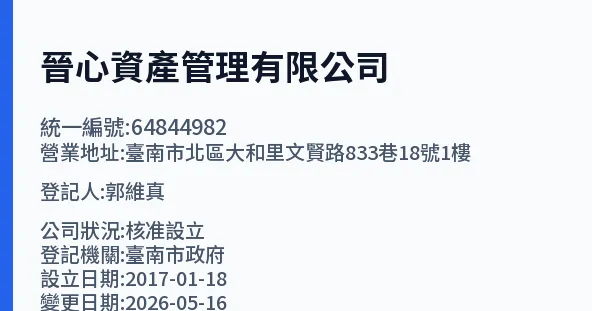 晉心資產管理有限公司的照片-統編 64844982(臺南市) 公司登記資料與營業項目詳細圖表
