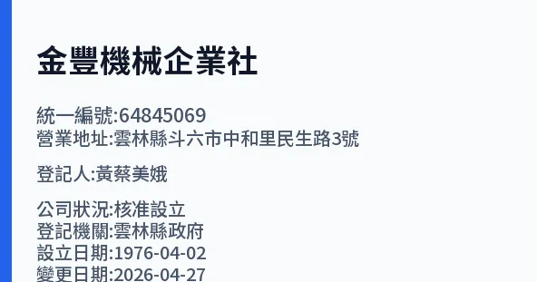 金豐機械企業社的照片-統編 64845069(雲林縣) 公司登記資料與營業項目詳細圖表