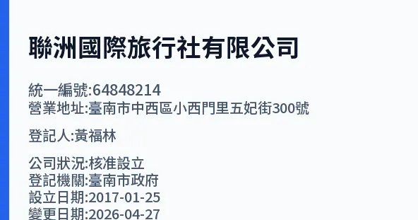 聯洲國際旅行社有限公司的照片-統編 64848214(臺南市) 公司登記資料與營業項目詳細圖表