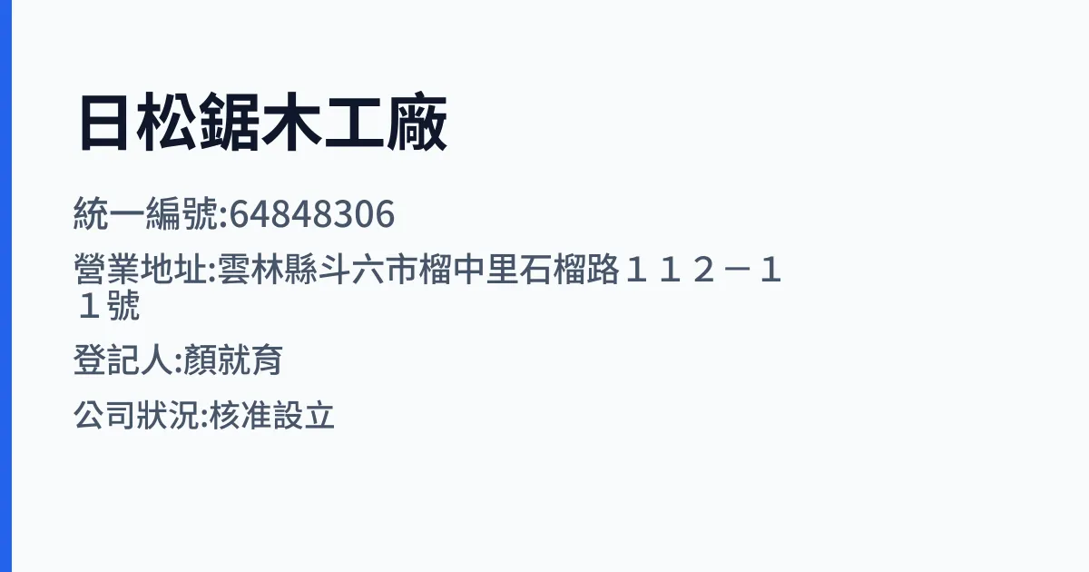 日松鋸木工廠 - 統編 64848306(雲林縣) 公司登記資料與營業項目詳細圖表