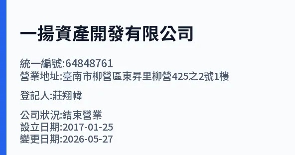 一揚資產開發有限公司的照片-統編 64848761(臺南市) 公司登記資料與營業項目詳細圖表