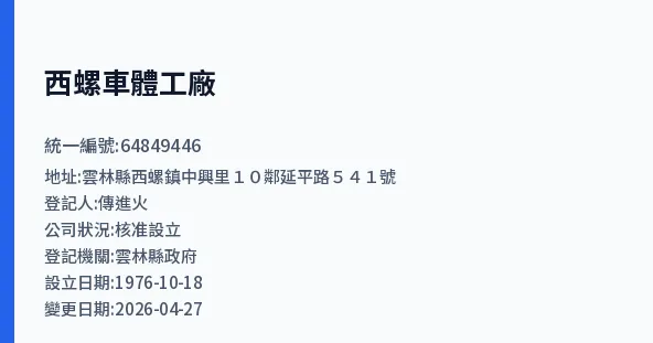 西螺車體工廠的照片-統編 64849446(雲林縣) 公司登記資料與營業項目詳細圖表