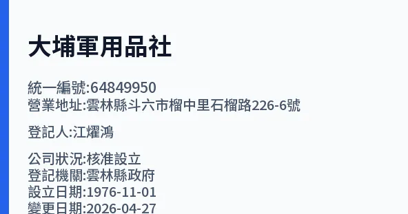 大埔軍用品社的照片-統編 64849950(雲林縣) 公司登記資料與營業項目詳細圖表