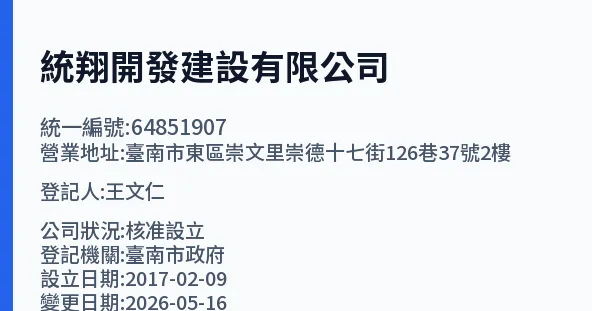 統翔開發建設有限公司的照片-統編 64851907(臺南市) 公司登記資料與營業項目詳細圖表