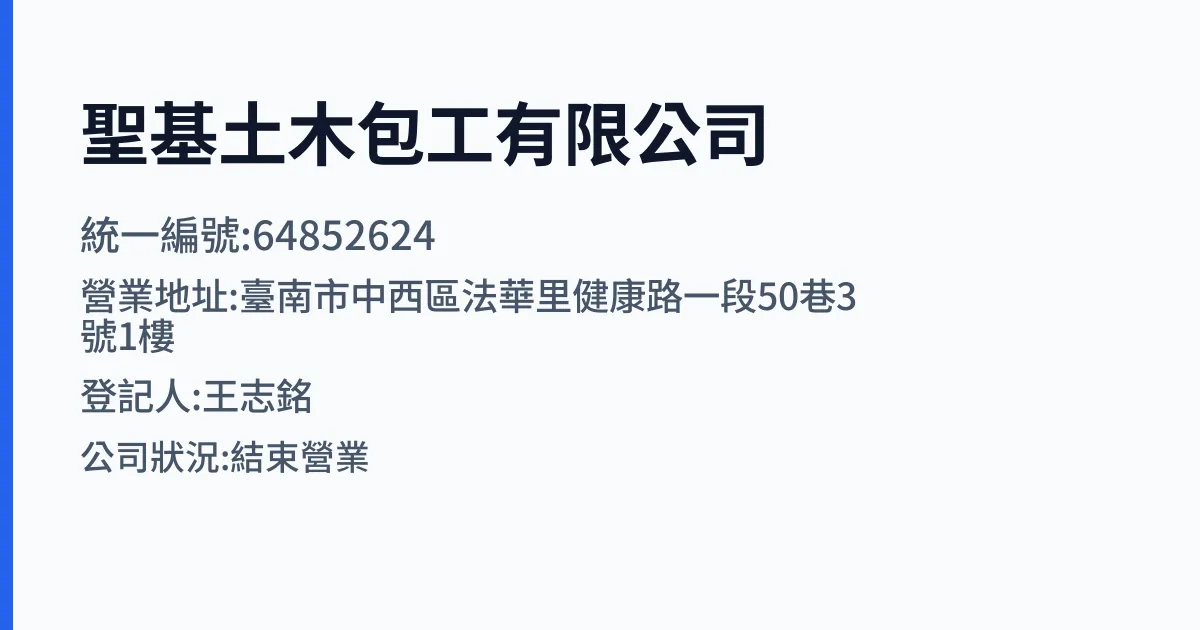 聖基土木包工有限公司 - 統編 64852624(臺南市) 公司登記資料與營業項目詳細圖表