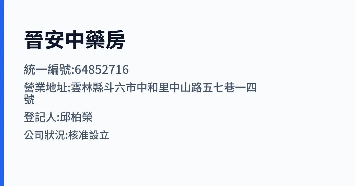 晉安中藥房 - 統編 64852716(雲林縣) 公司登記資料與營業項目詳細圖表